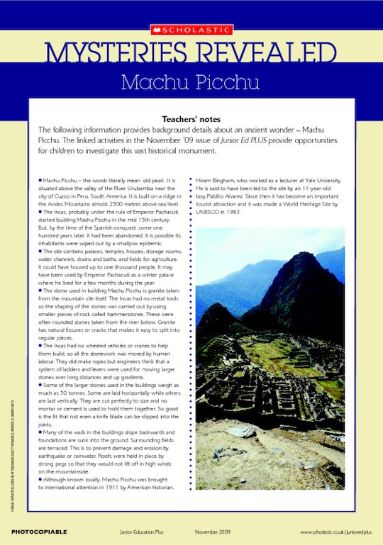 Machu Picchu fact sheet - Scholastic Shop