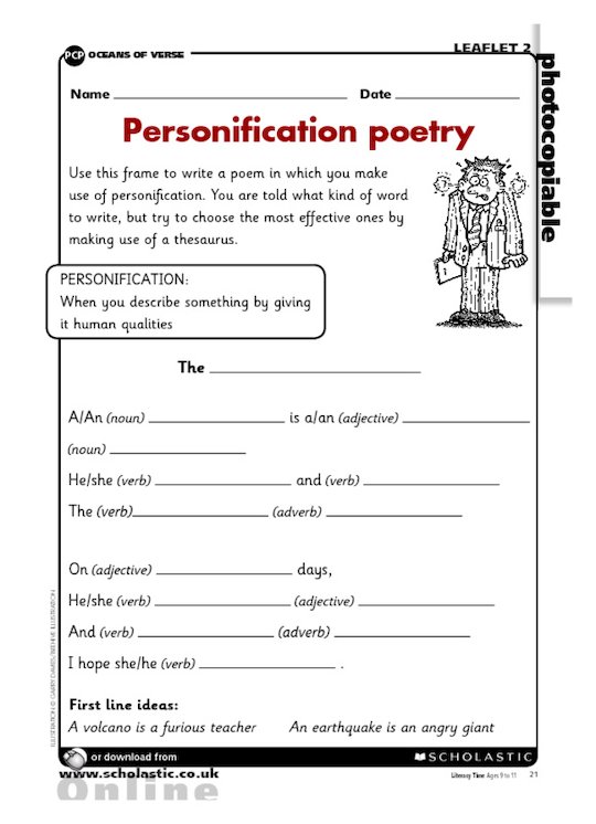 Personification poetry – writing frame - Scholastic Shop