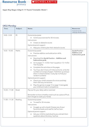 Upper Key Stage 2 home learning timetable week 1 (14 pages ...