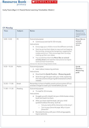 Early Years home learning timetable week 2 (11 pages) - Scholastic Shop