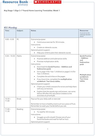 Key Stage 1 home learning timetable week 1 (15 pages) - Scholastic Shop