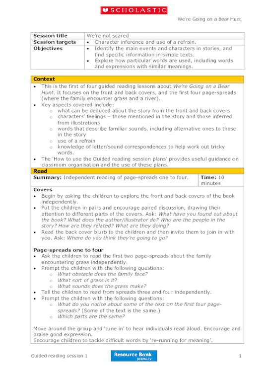 We’re Going on a Bear Hunt – Four Guided Reading Plans (11 pages ...